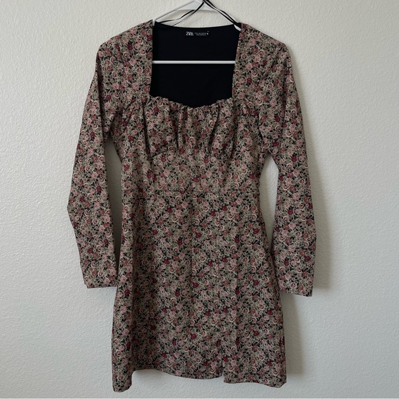 Zara | Dresses | Zara Floral Long Sleeve Square Neck Mini Dress | Poshmark